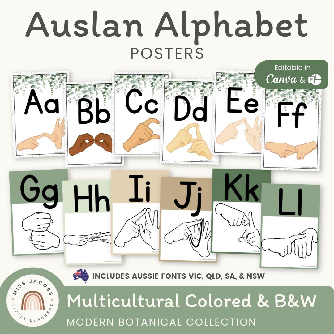 Auslan Alphabet Posters, Modern Botanical A–Z Hand Signal Wall Set ...
