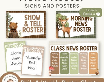 Woodland News Roster Show & Tell Display, Editable Sharing Time Chart ...
