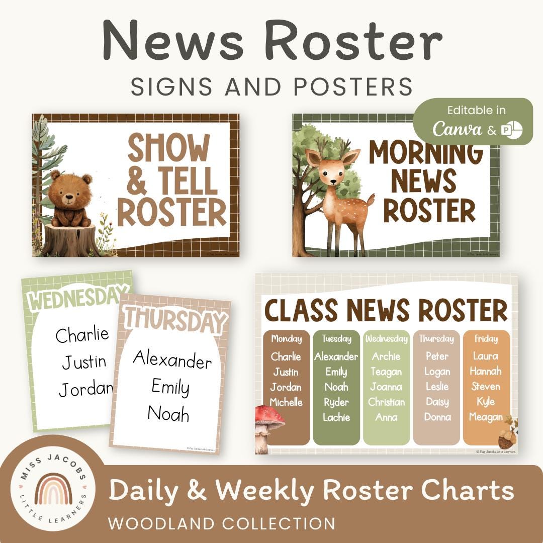 Woodland News Roster Show & Tell Display, Editable Sharing Time Chart ...
