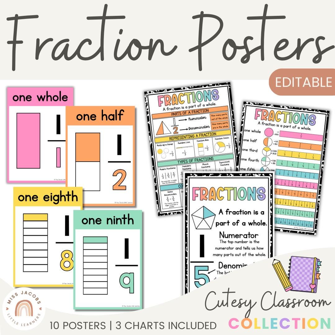 Cutesy Fraction Posters, Printable Fraction Anchor Charts, Fraction to ...