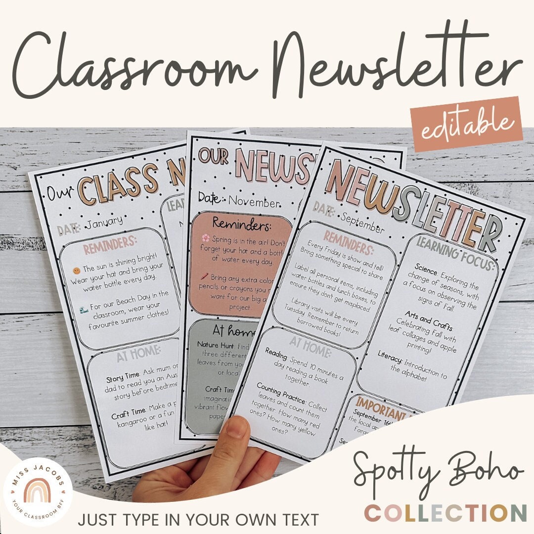 Classroom Newsletter Templates | Editable | Spotty Boho Classroom Theme ...