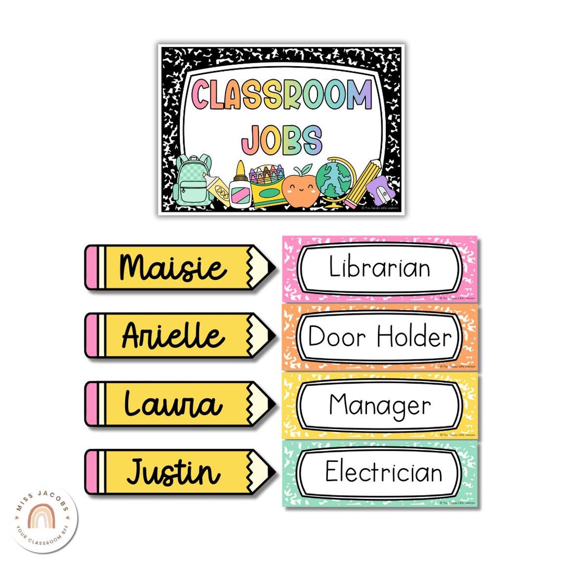 Cutesy Classroom Job Chart Composition Book Theme, Editable Class Job ...