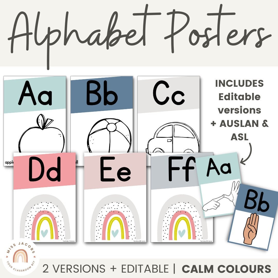 MODERN RAINBOW Alphabet Posters | Editable | Calm Colors Classroom ...