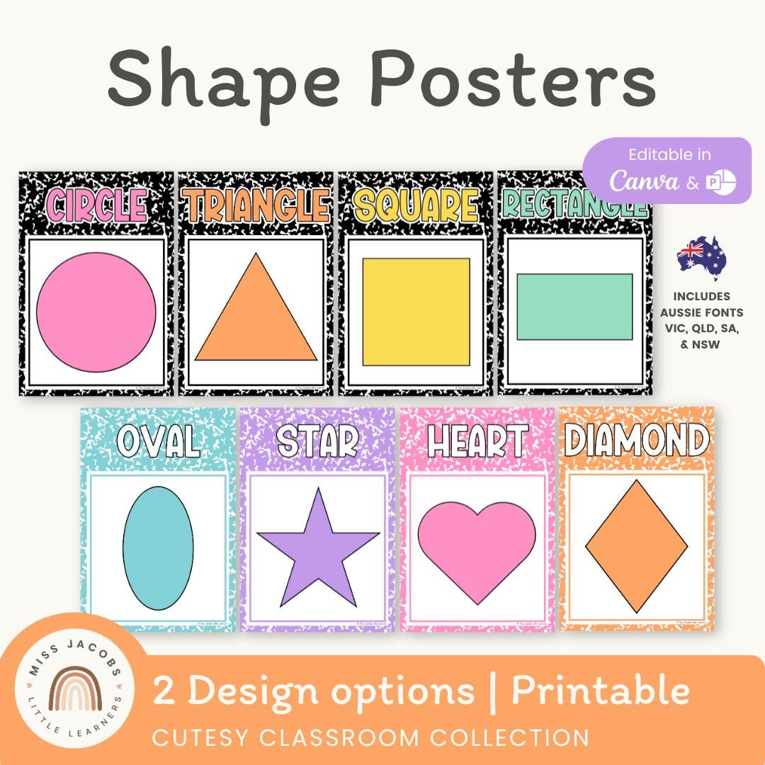 Shapes Posters, Cutesy Classroom Decor, Colorful Bright Educational ...