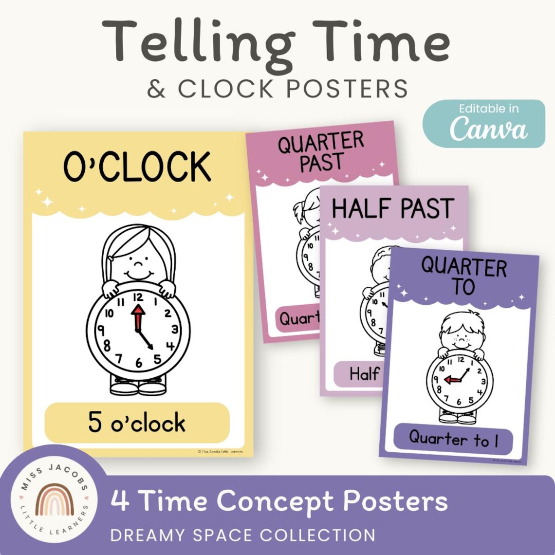 Telling Time and Analog Clock Posters: Dreamy Space Pastel Anchor Chart ...