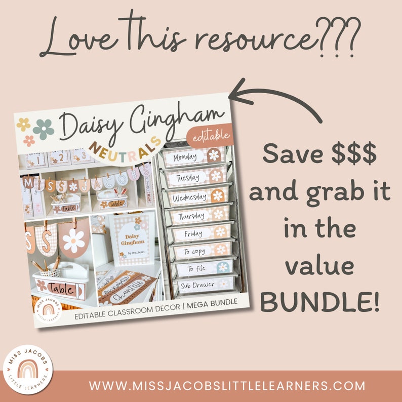 Bunting and Display Banners | Daisy Gingham Neutrals Classroom Decor - Etsy