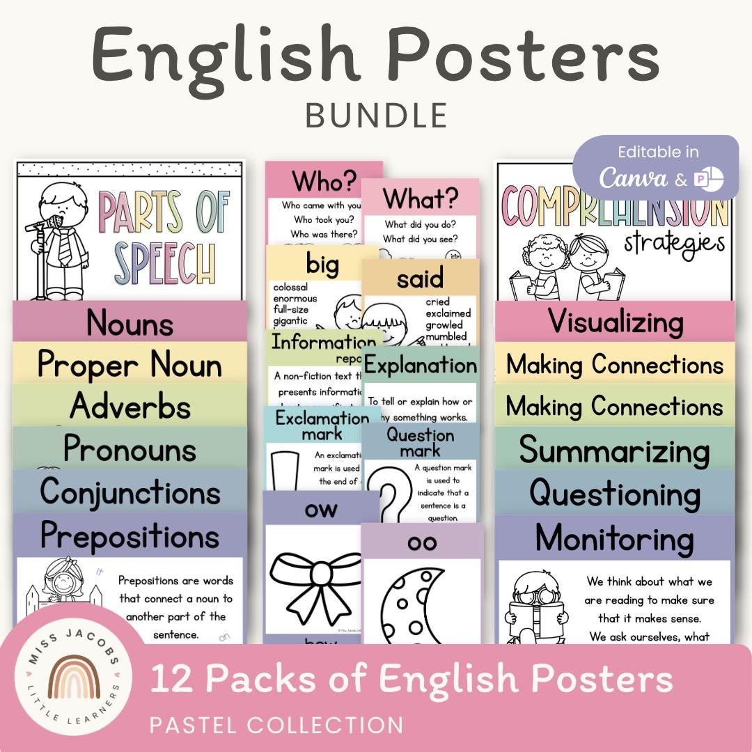 English Posters Bundle | SPOTTY PASTELS | Muted Rainbow Themed ...