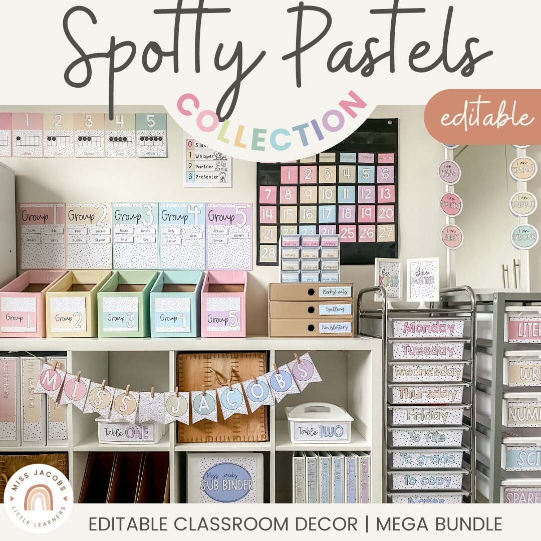 SPOTTY PASTELS Classroom Decor Bundle Muted Rainbow Decor Editable - Etsy
