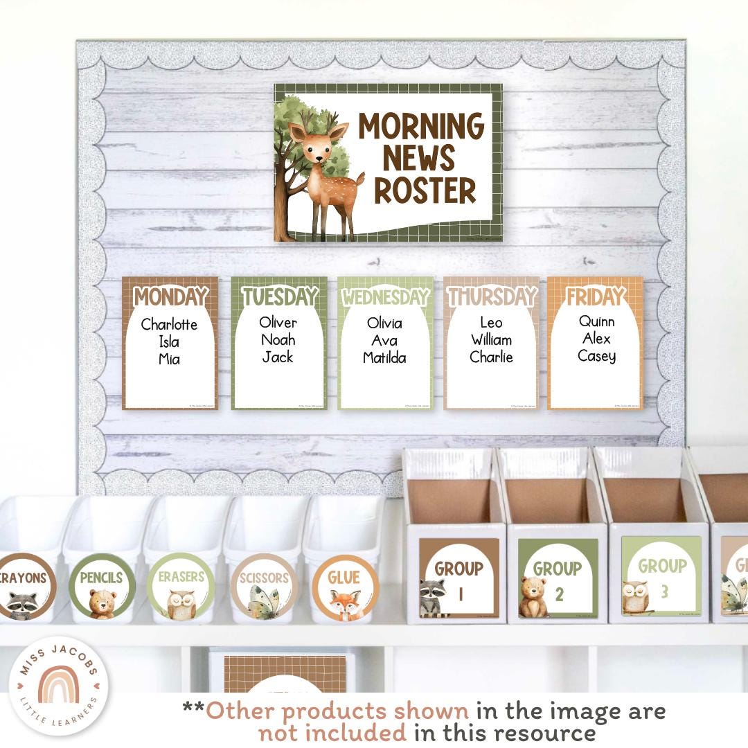 Woodland News Roster Show & Tell Display, Editable Sharing Time Chart ...