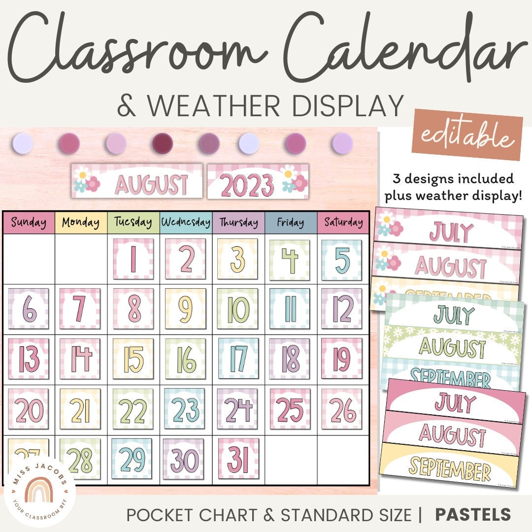 Classroom Calendar & Weather Pocket Chart Display Daisy Gingham Pastels ...