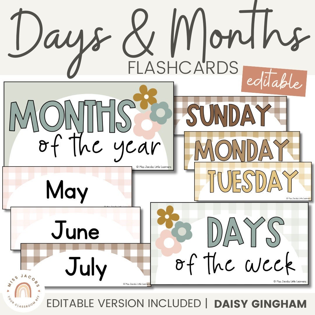 Days and Months Flashcards Daisy Gingham Neutrals Classroom Decor - Etsy