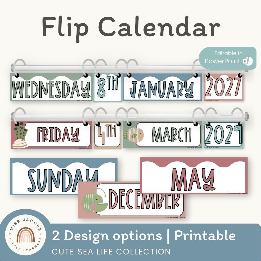 Flip Calendar, Cute Sea Life Clipart Theme Classroom Calendar ...