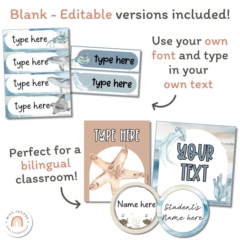 Classroom Supply Labels & Student Name Tags | Modern Ocean Classroom ...