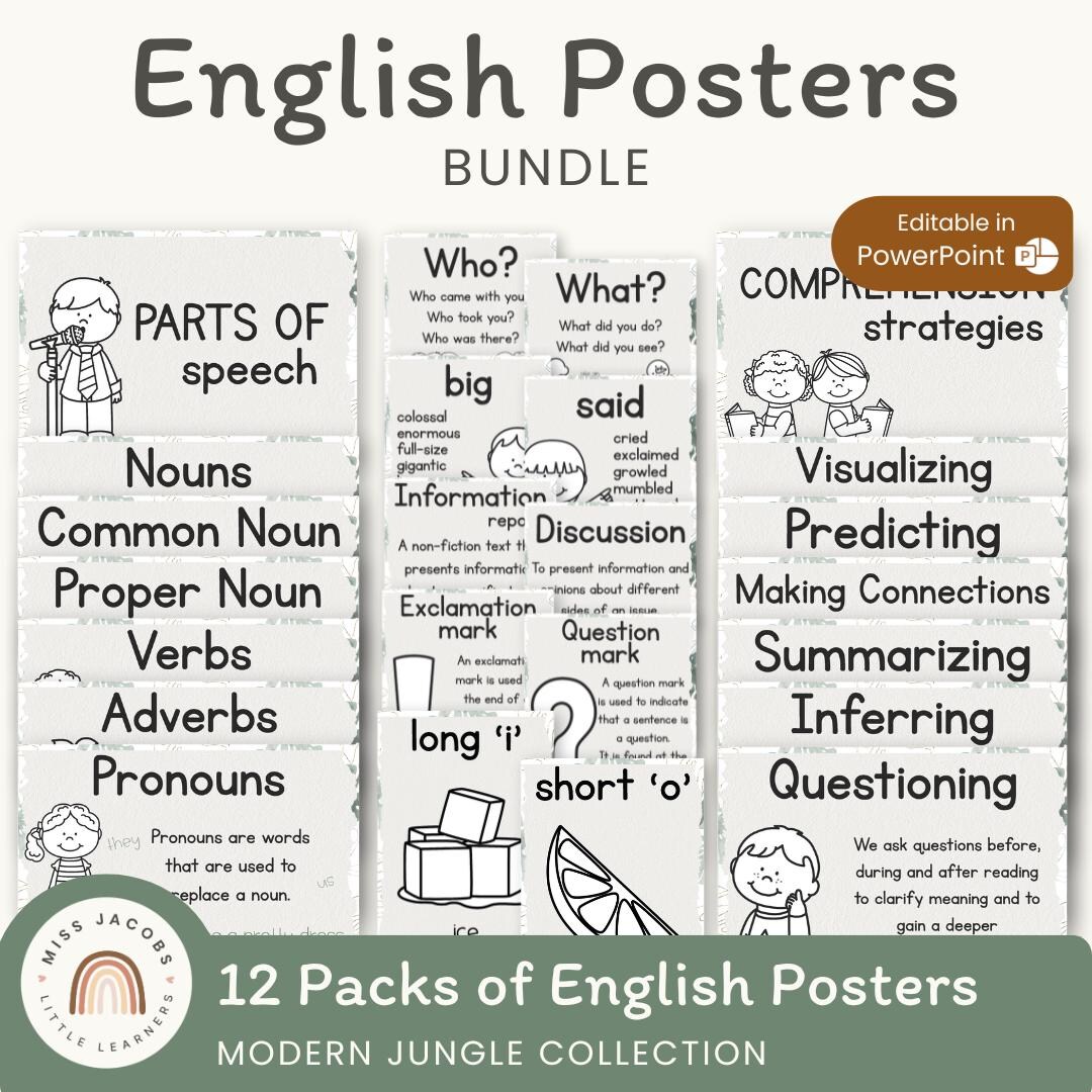 English Classroom Poster Bundle, Set of 12 Modern Jungle ELA Posters ...