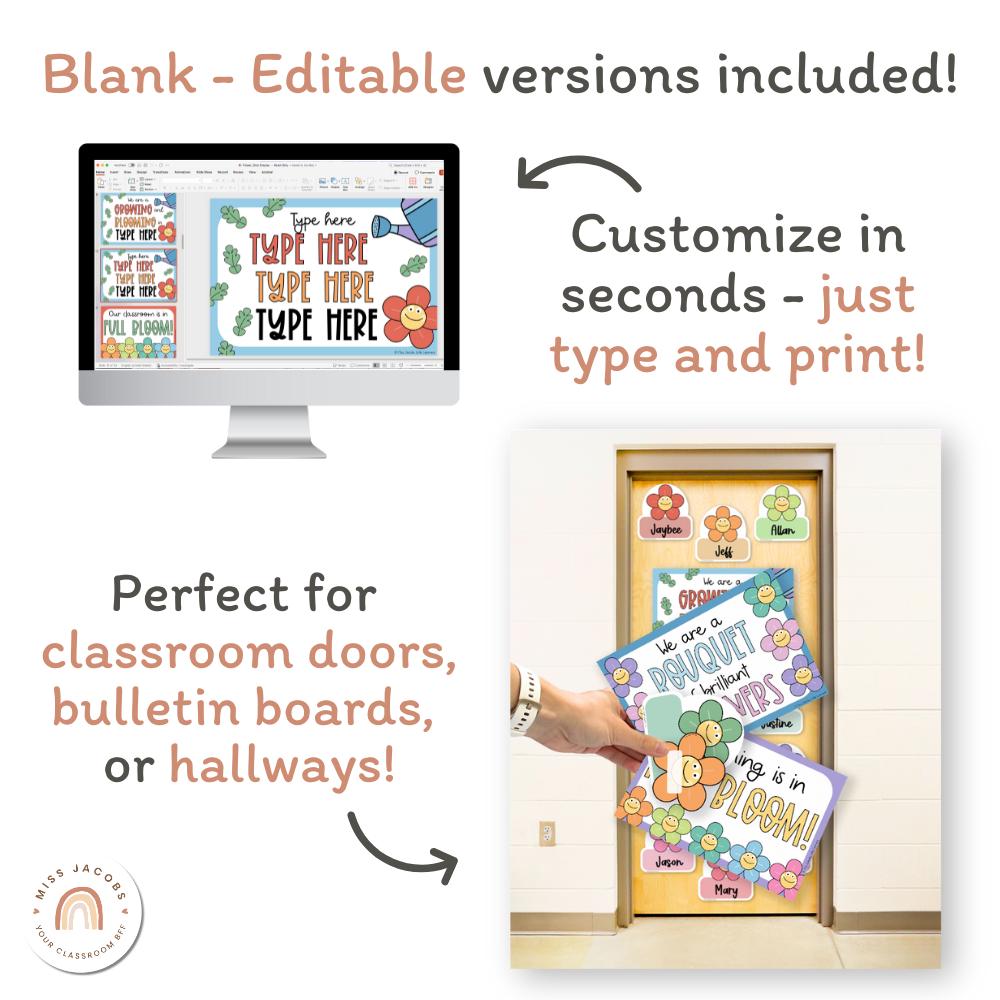 Spring Flower Door Display, Editable Welcome Signs, Name Labels, Name ...