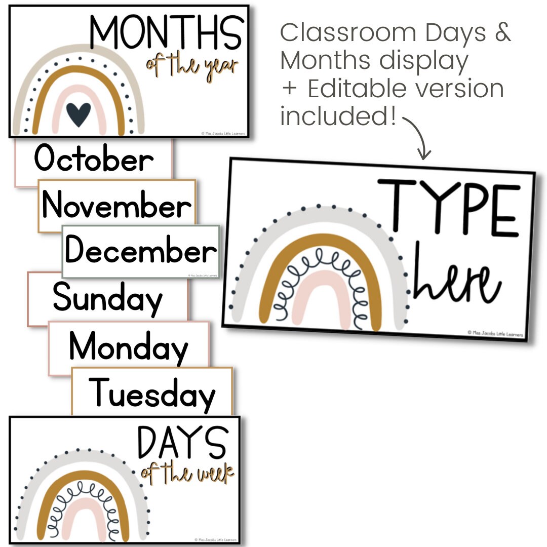 Days and Months Flashcards | BOHO RAINBOW Classroom Decor - Etsy
