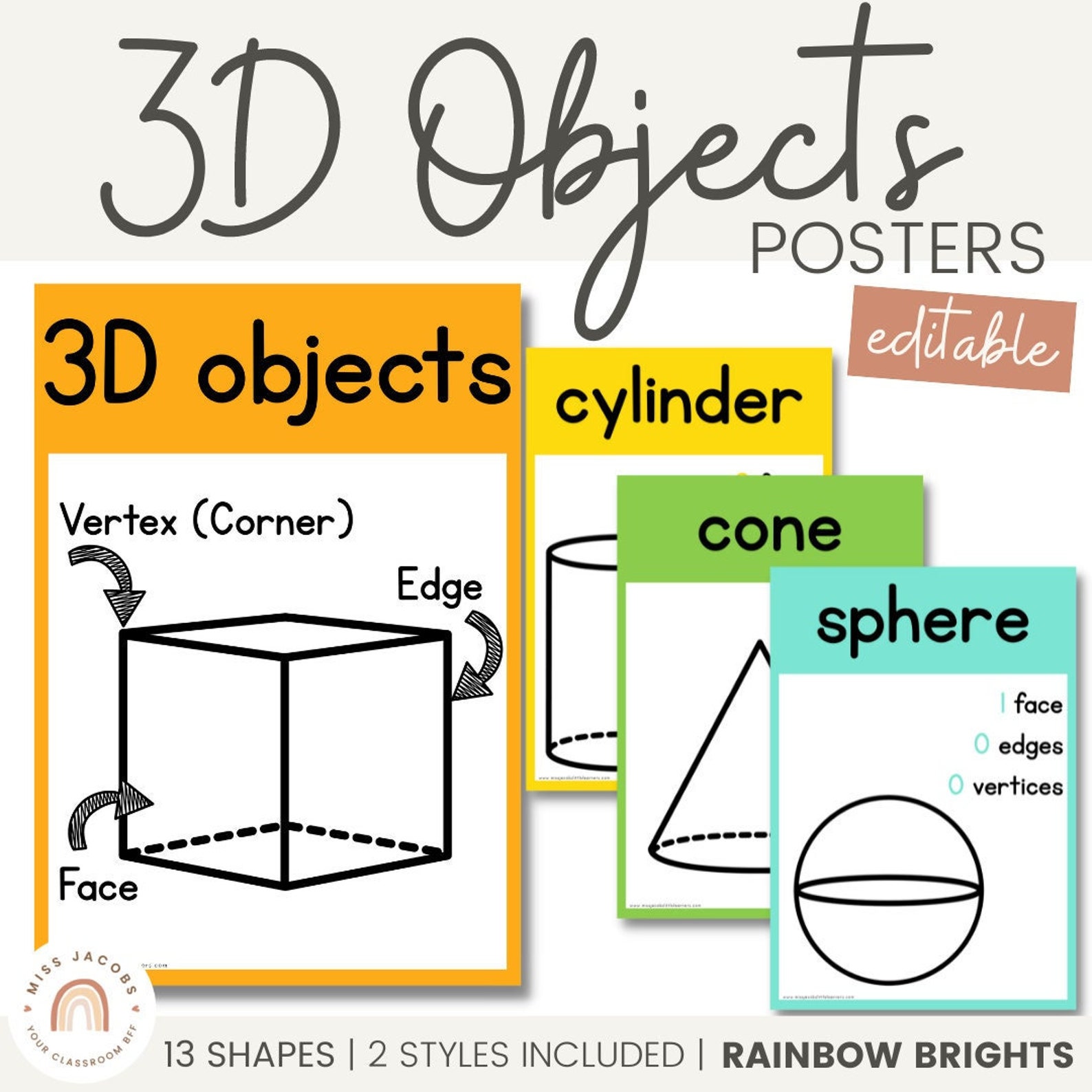 3D Objects / 3D Shapes Posters RAINBOW BRIGHTS Classroom - Etsy