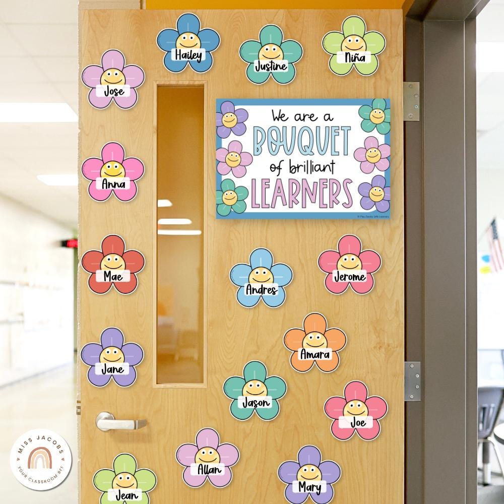 Spring Flower Door Display, Editable Welcome Signs, Name Labels, Name ...