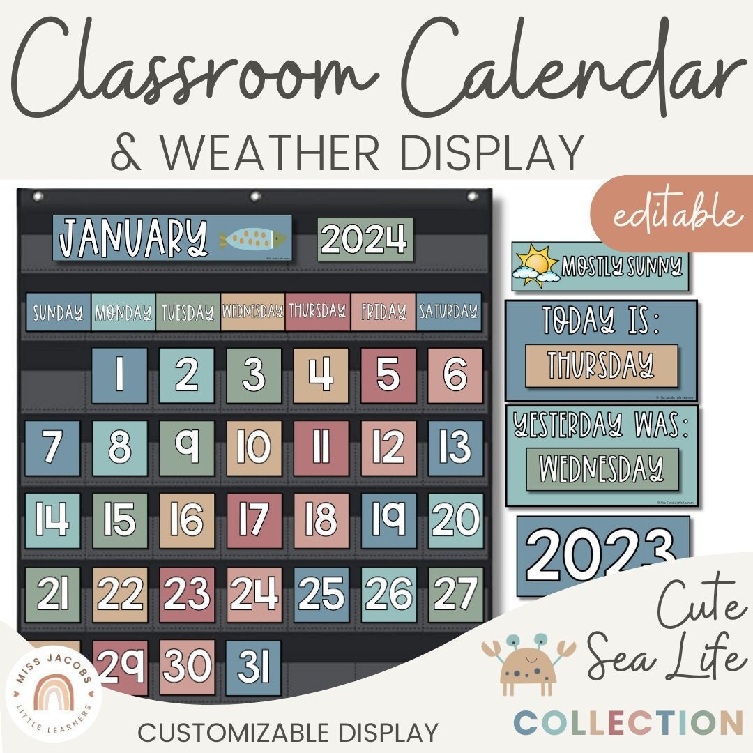 Classroom Calendar & Weather Pocket Chart Display | Cute Sea Life ...
