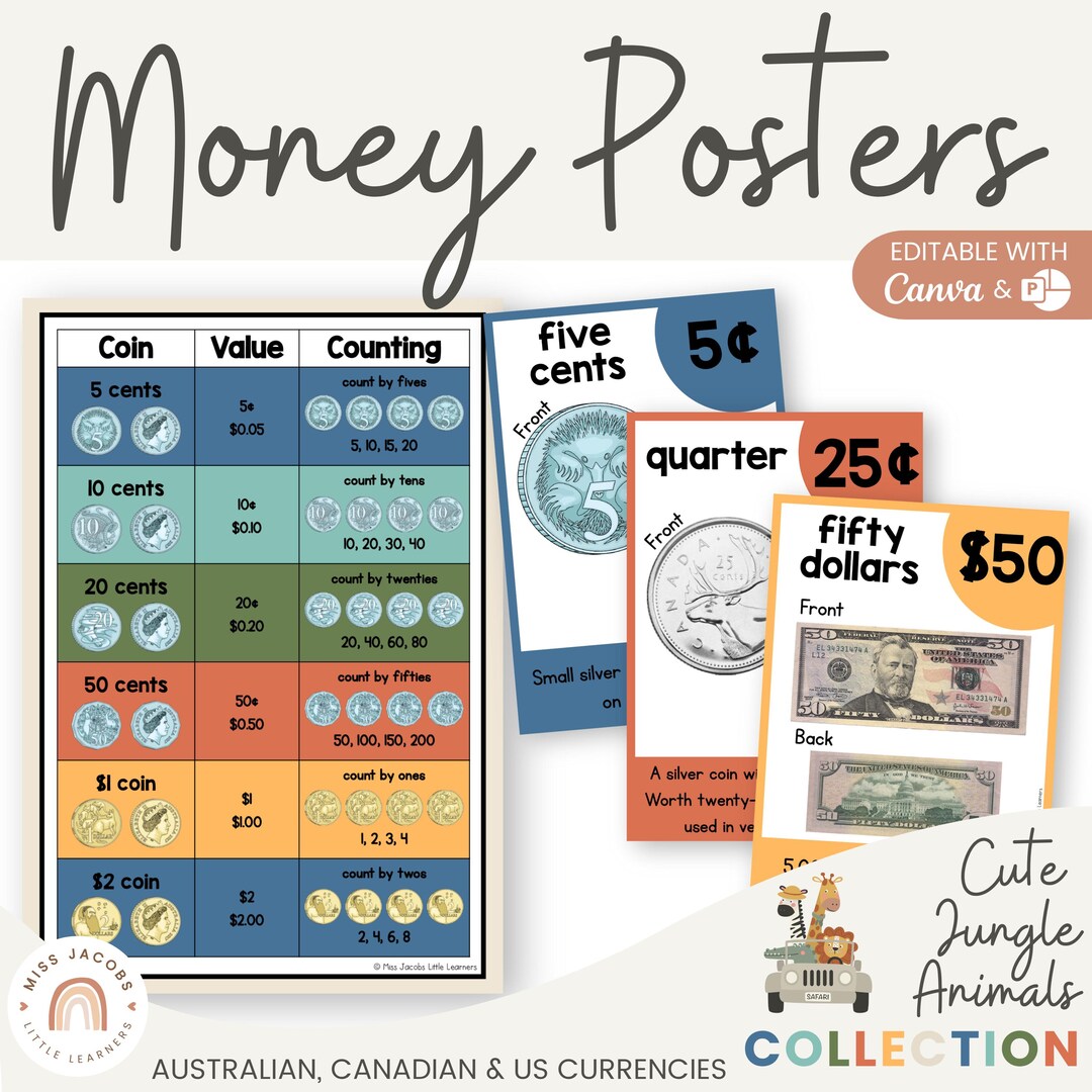 Money Posters Cute Jungle Animals, Printable Coin & Dollar Bill Value ...