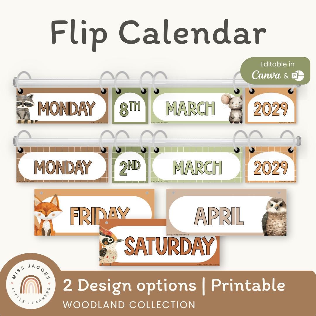 Woodland Flip Calendar Forest Animals Theme, Editable Nature Daily ...