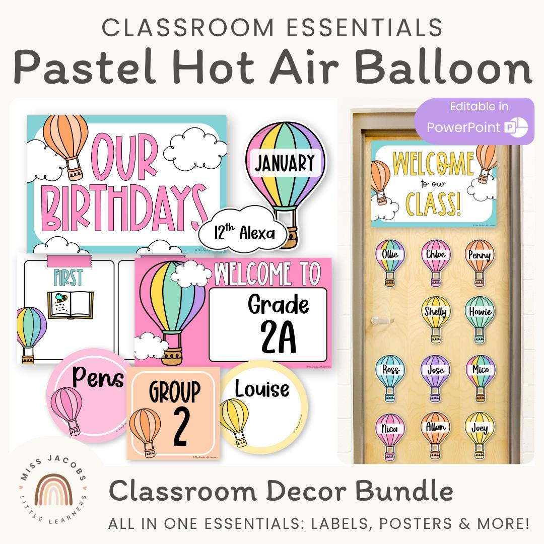 Pastel Hot Air Balloon Classroom Decor Bundle, Editable Calm Theme ...