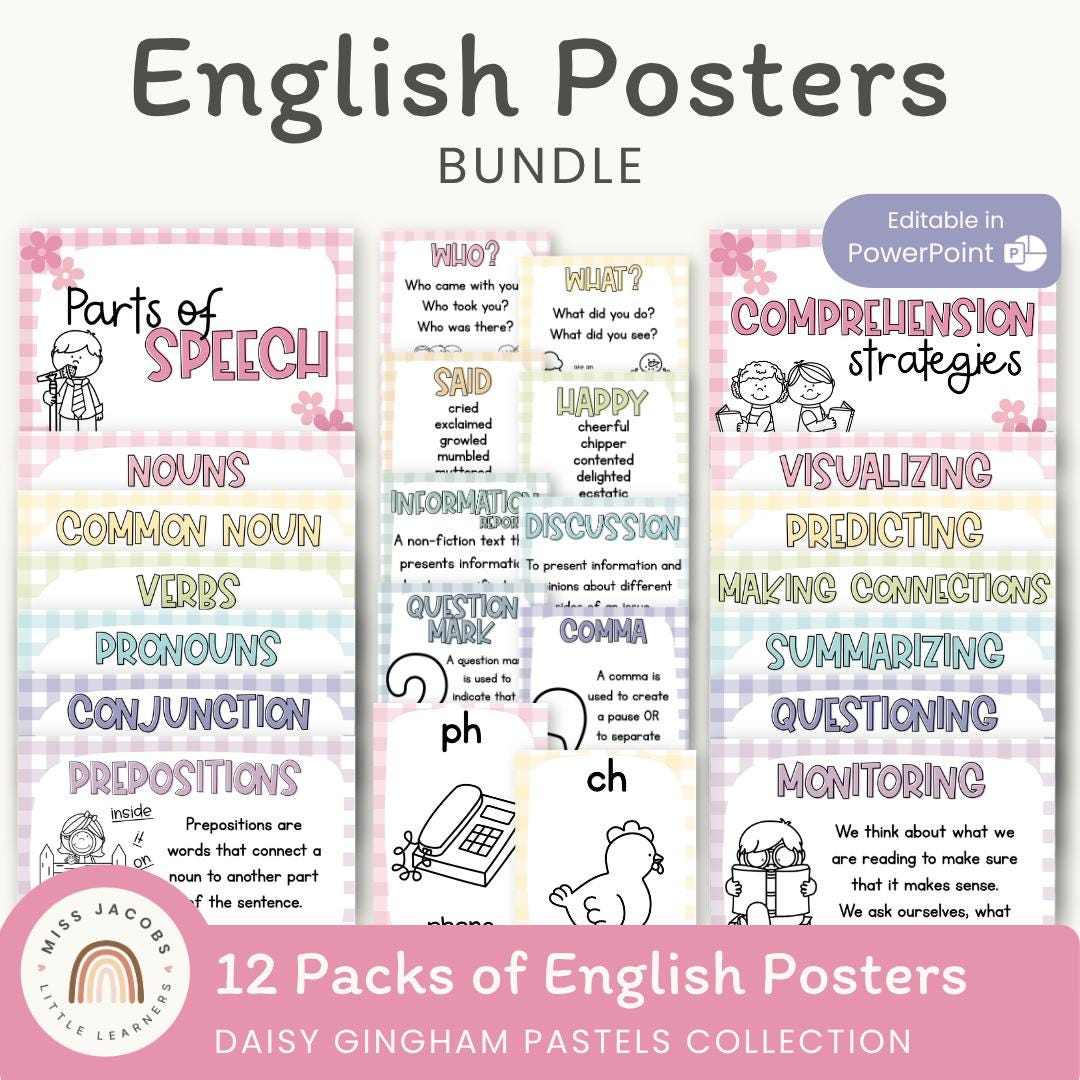 English Posters Bundle Daisy Gingham Pastel (set of 12), Prek to Grade ...