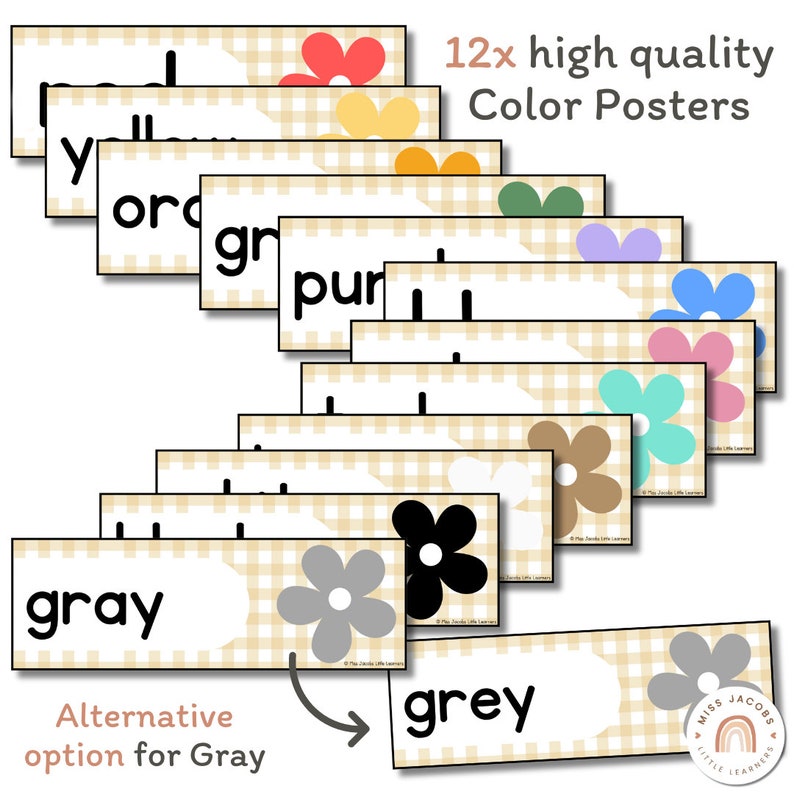 Color Posters | Daisy Gingham Neutrals Classroom Decor - Etsy