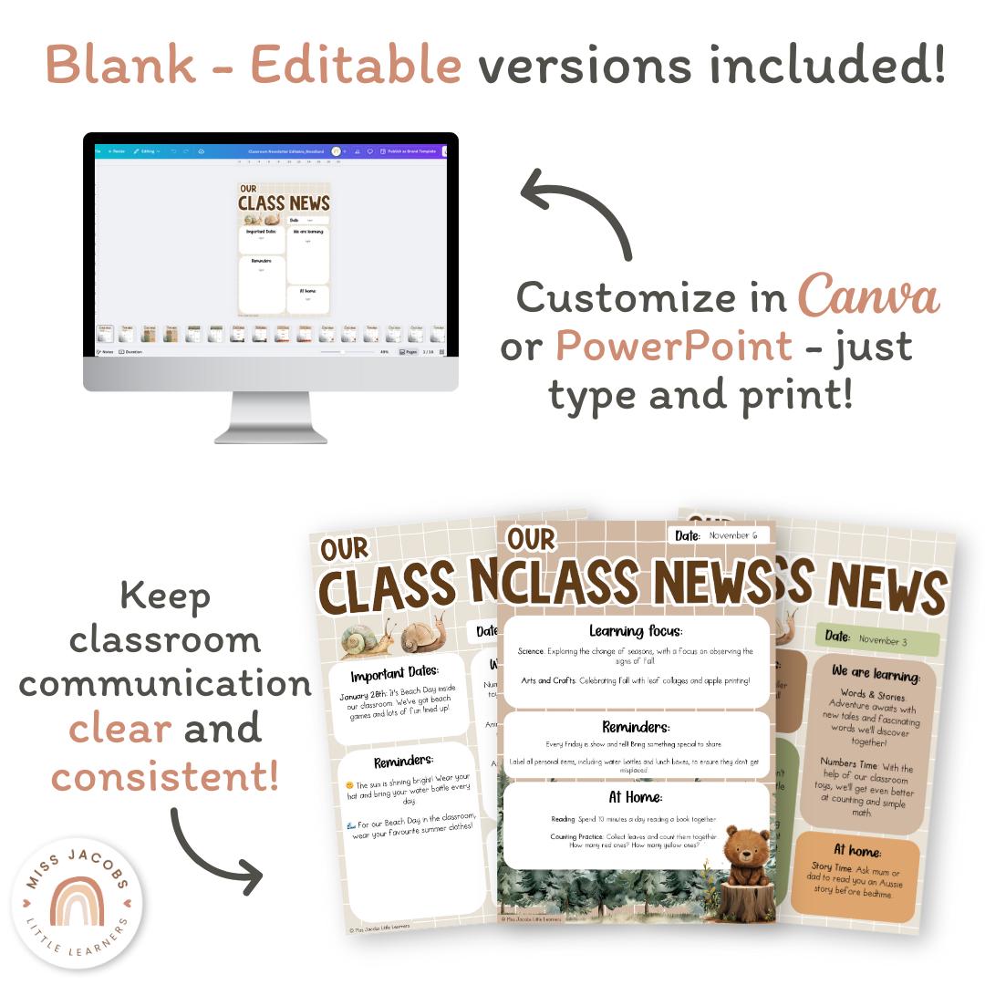 Woodland Classroom Newsletter Templates, Editable Teacher Weekly ...