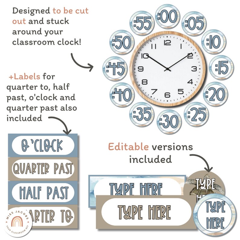 Clock Numbers | Modern Ocean Classroom Decor | Editable - Etsy