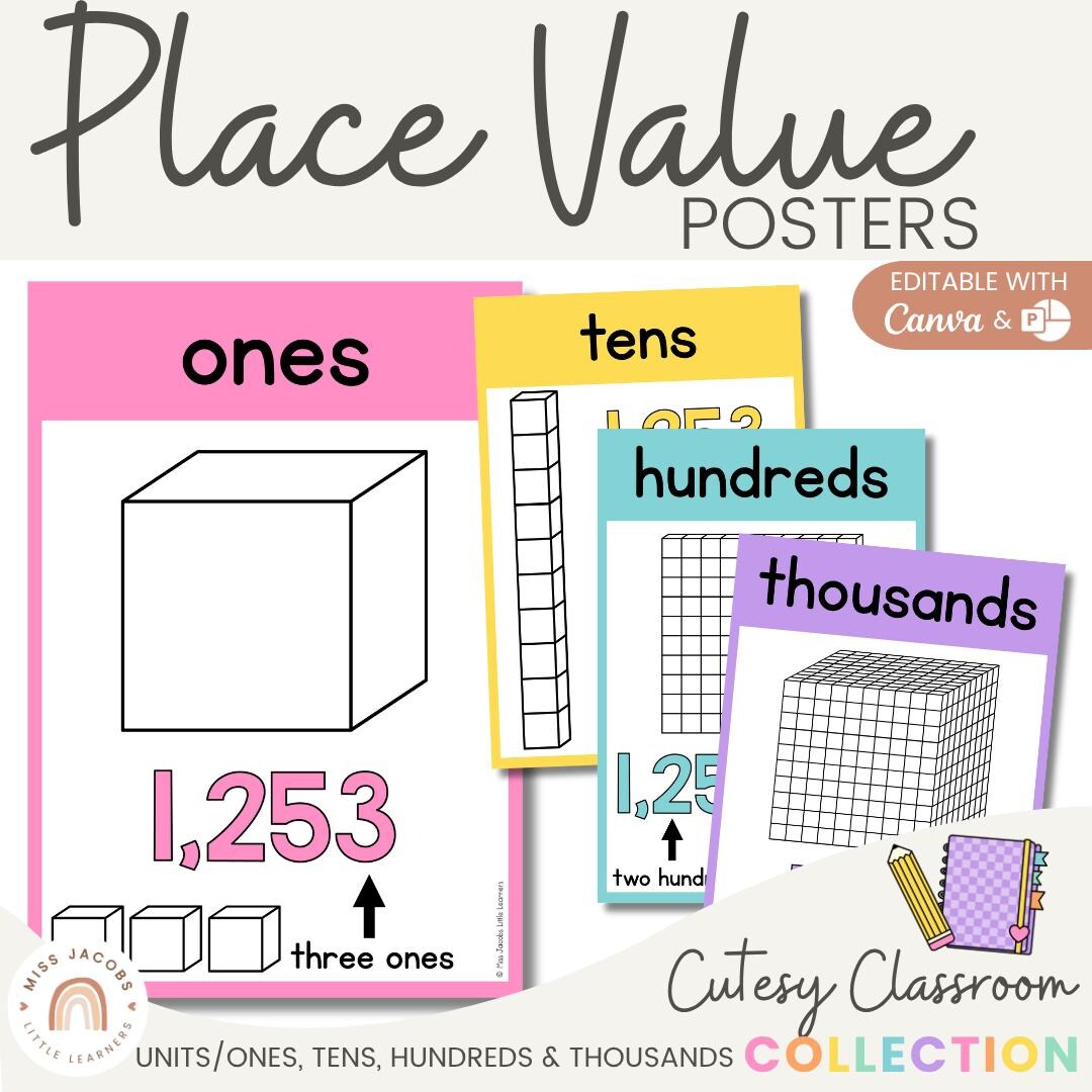 Cutesy Place Value Posters, Printable Place Value Chart, Math Bulletin ...