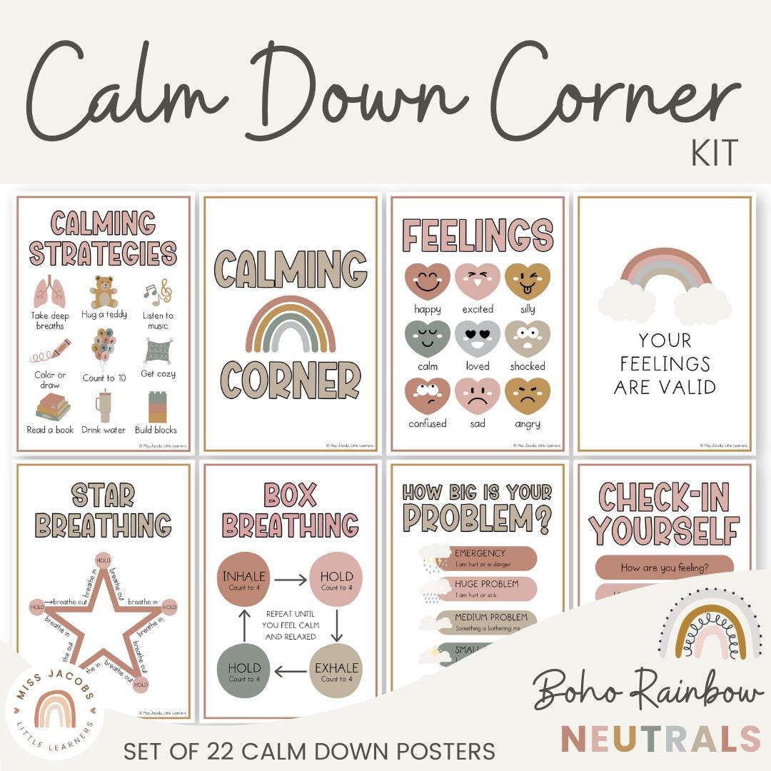 Boho Rainbow Calm Down Corner Posters, Calm Down Kit, Printable Social ...