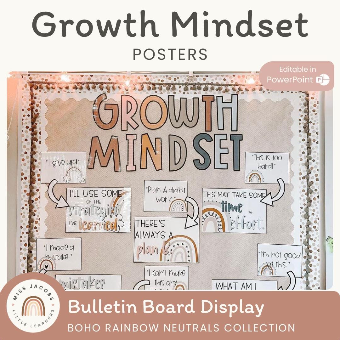 BOHO RAINBOW Growth Mindset Posters | Neutral Rainbow Classroom Decor ...