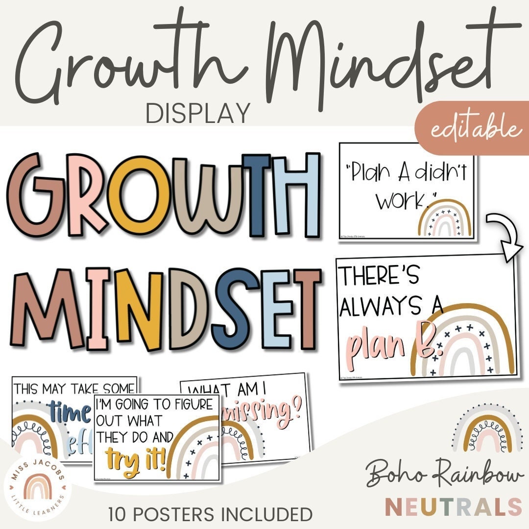 BOHO RAINBOW Growth Mindset Posters | Neutral Rainbow Classroom Decor ...