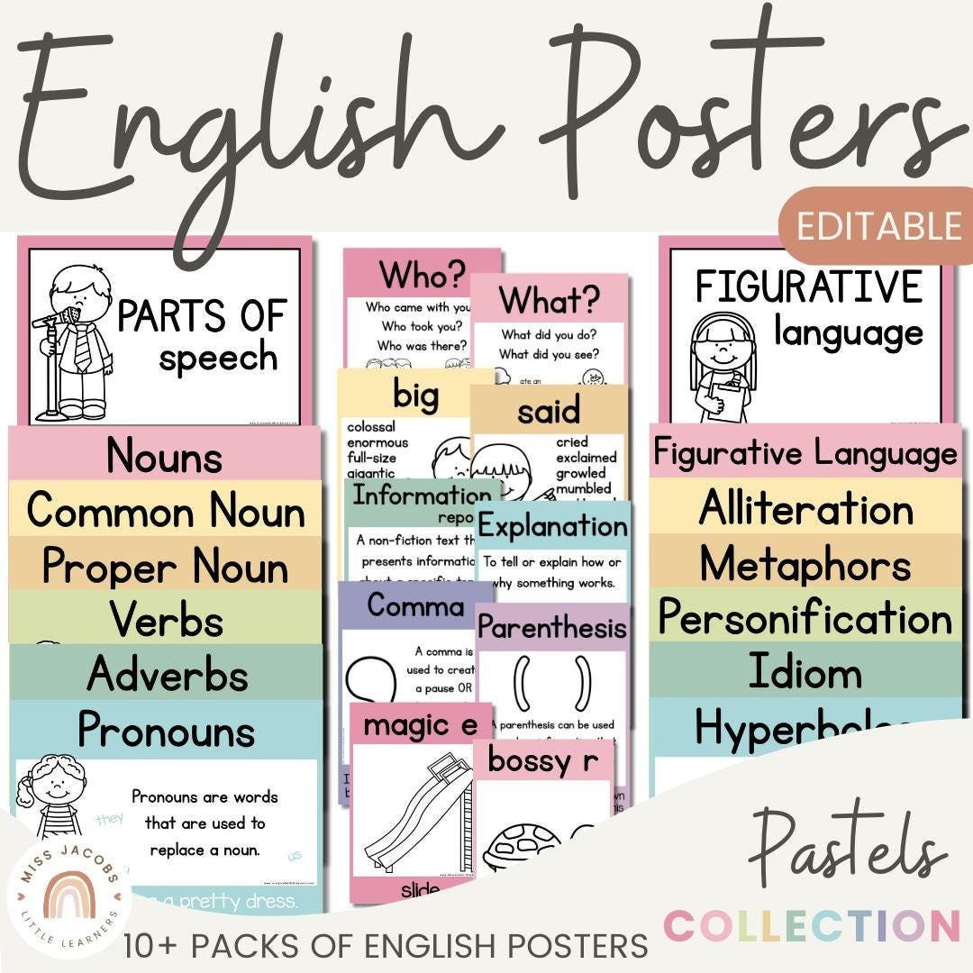 English Posters Bundle | SPOTTY PASTELS | Muted Rainbow Themed ...