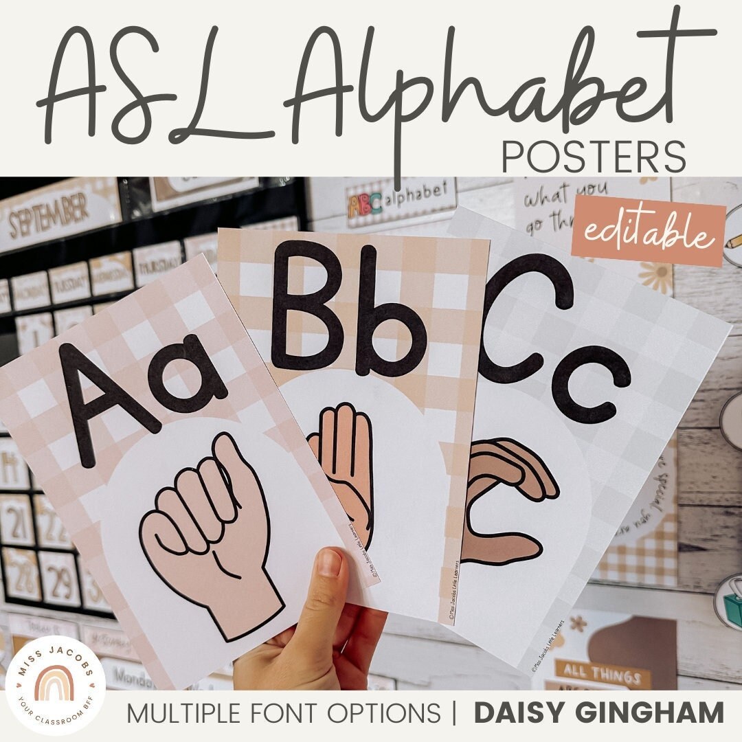 ASL american Sign Language Alphabet Posters Daisy Gingham Neutrals ...