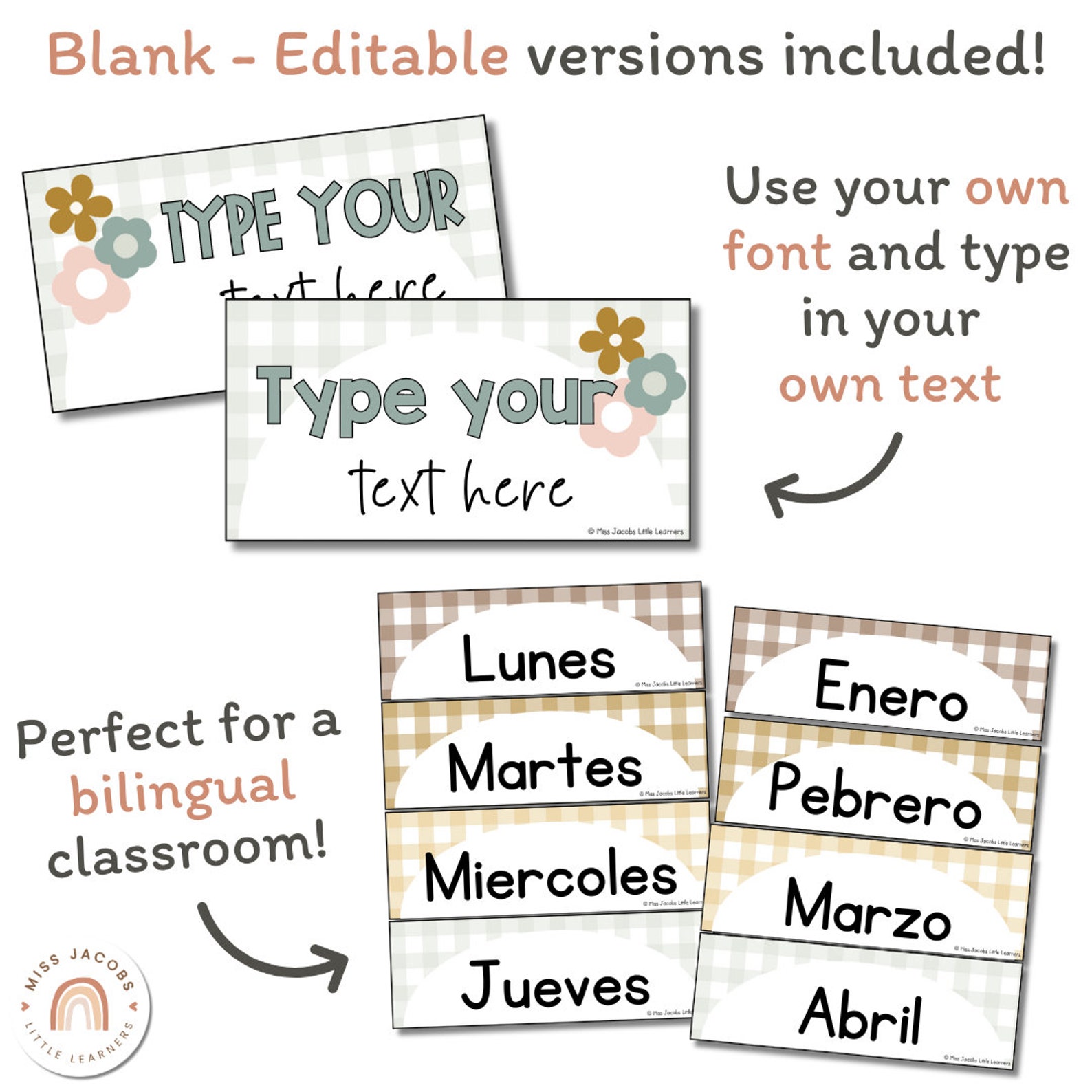 Days and Months Flashcards Daisy Gingham Neutrals Classroom Decor - Etsy