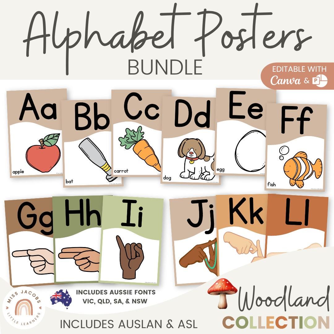Woodland Alphabet Posters Bundle, ASL Auslan Sign Language Neutral ABC ...