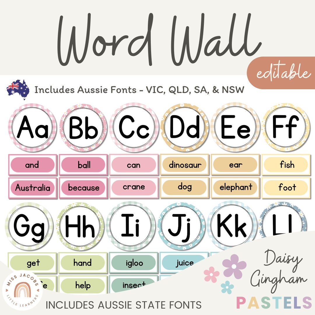Alphabet Word Wall, Daisy Gingham Pastels Printable Alphabet Word ...