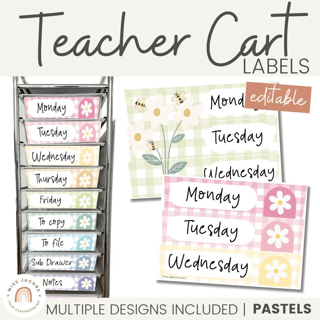 Teacher Trolley Labels 10 Drawer Cart Labels in Daisy Gingham Editable ...
