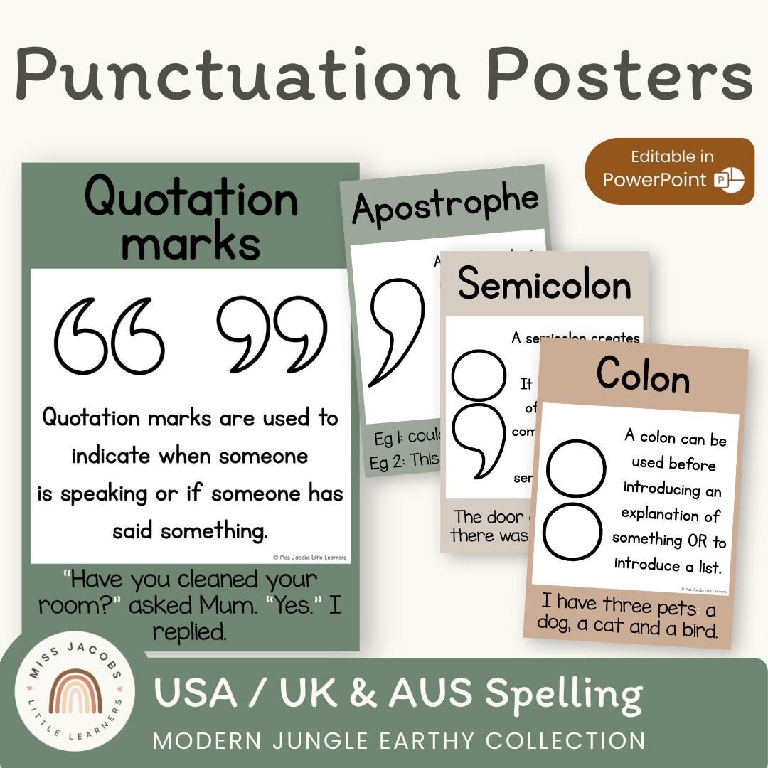 Earthy Punctuation Posters, Printable ELA Anchor Charts, Editable ...