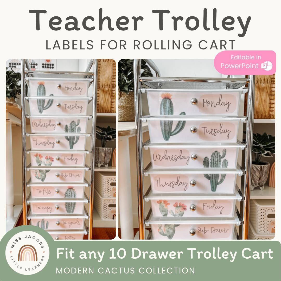 CACTUS Teacher Rolling Cart Drawer Labels | Editable | Cactus Classroom ...