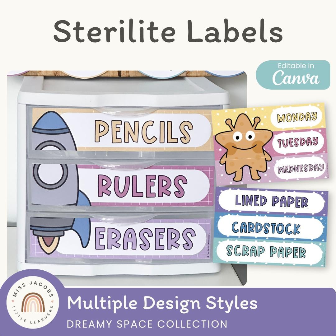 Sterilite 3-drawer Labels: Dreamy Space Theme Classroom Supply ...