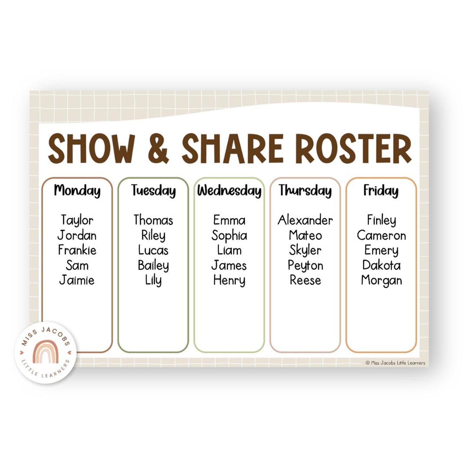 Woodland News Roster Show & Tell Display, Editable Sharing Time Chart ...
