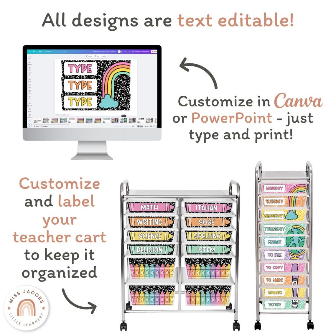 Cutesy Teacher Rolling Cart Editable Labels, Back to School 10 - 12 ...