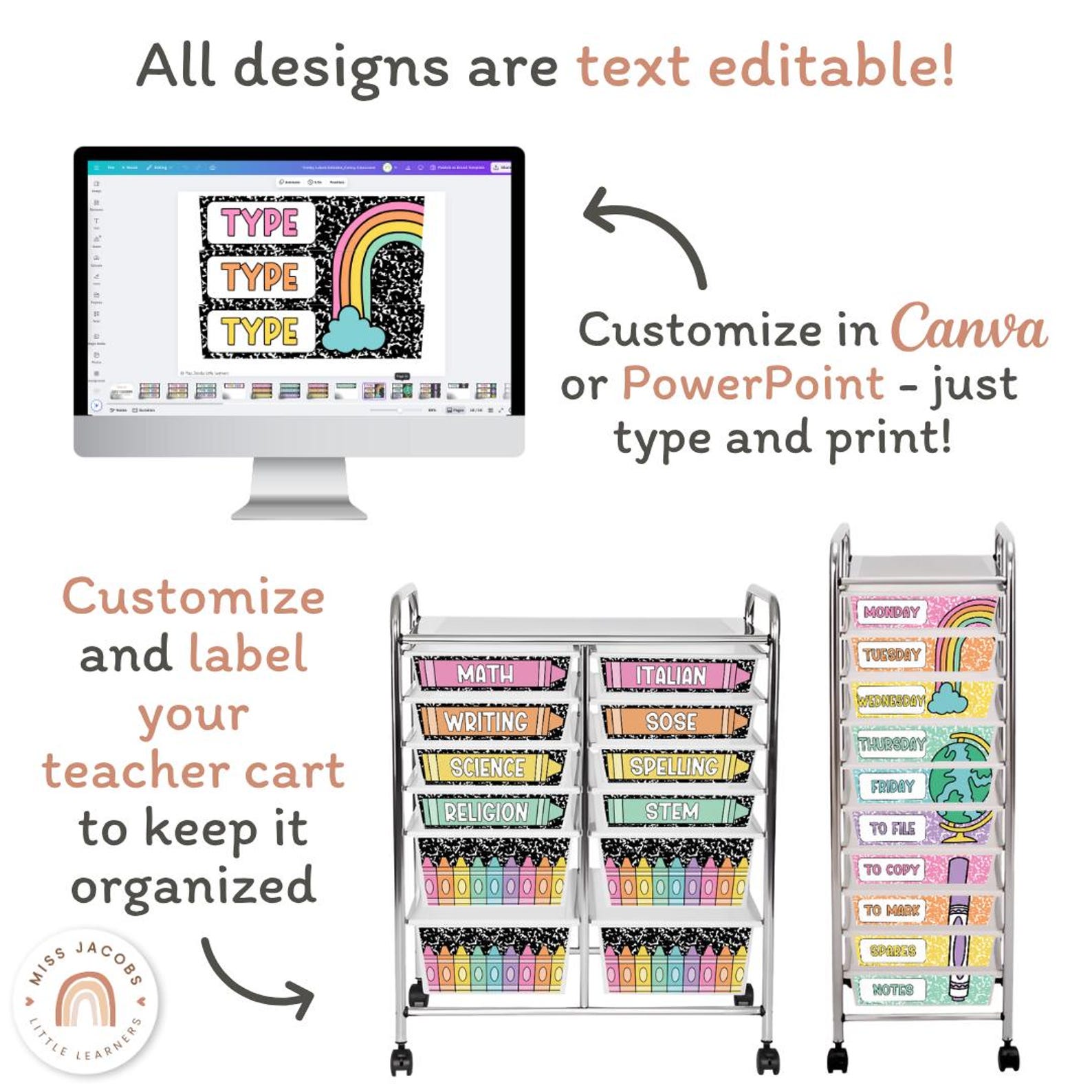 Cutesy Teacher Rolling Cart Editable Labels, Back to School 10 - 12 ...