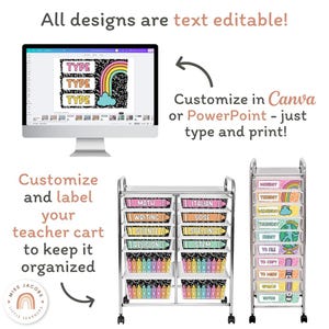 Cutesy Teacher Rolling Cart Editable Labels, Back to School 10 - 12 ...