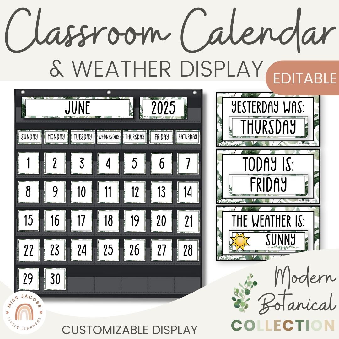 Botanical Calendar & Weather Display Set, Printable Pocket Chart ...