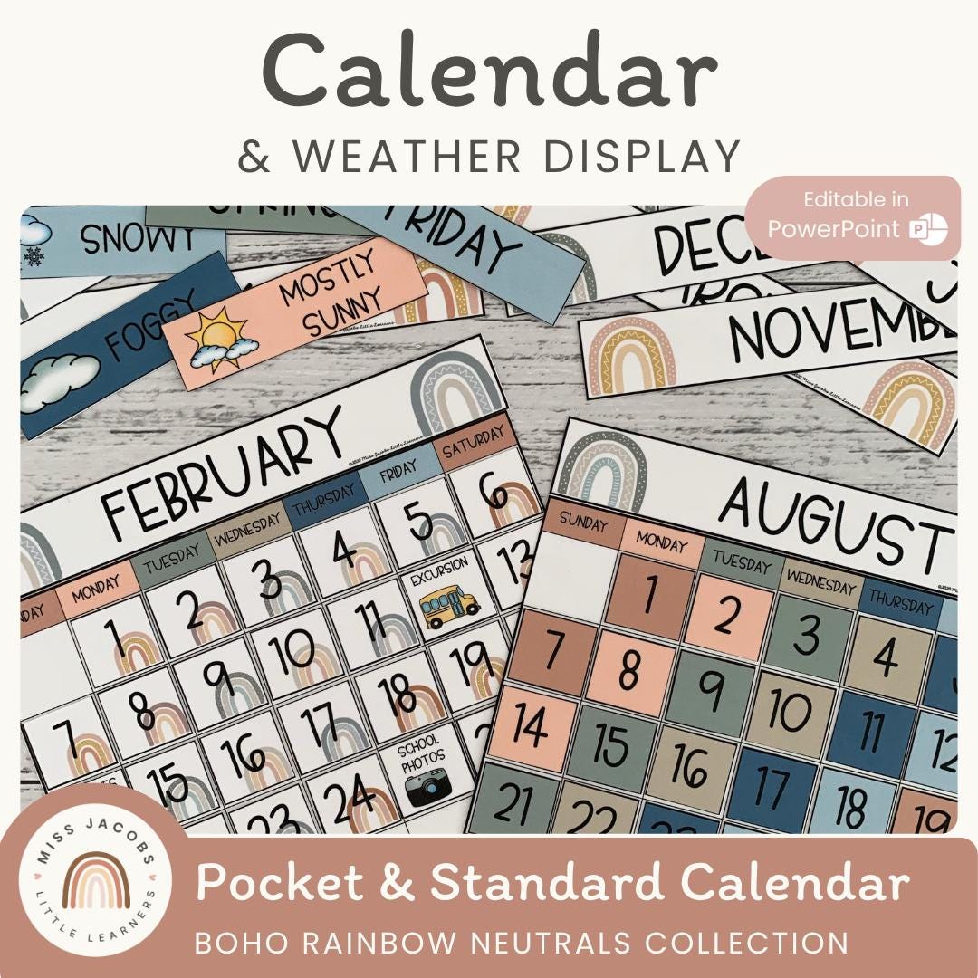 BOHO RAINBOW Classroom Calendar & Weather Display | Editable | Neutral ...