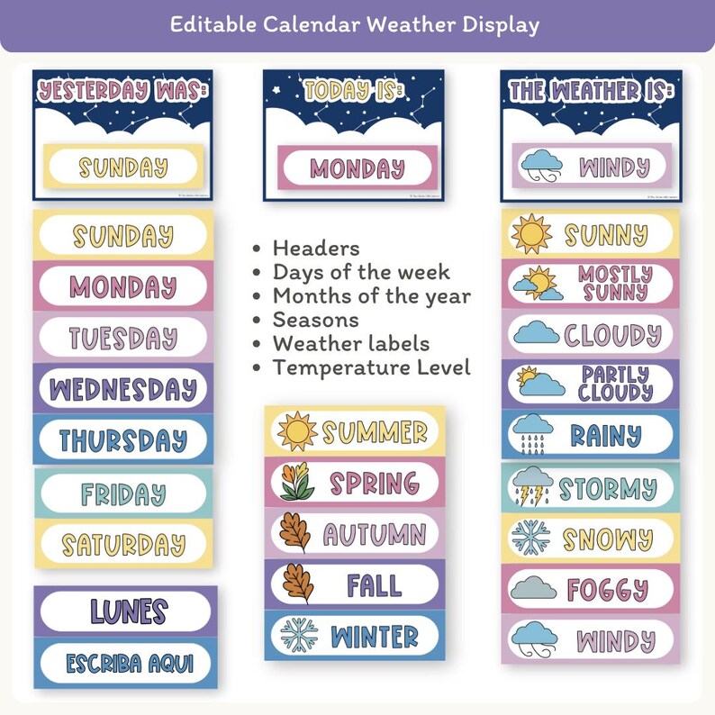 Calendar, Weather, and Temperature Display: Dreamy Space Classroom ...